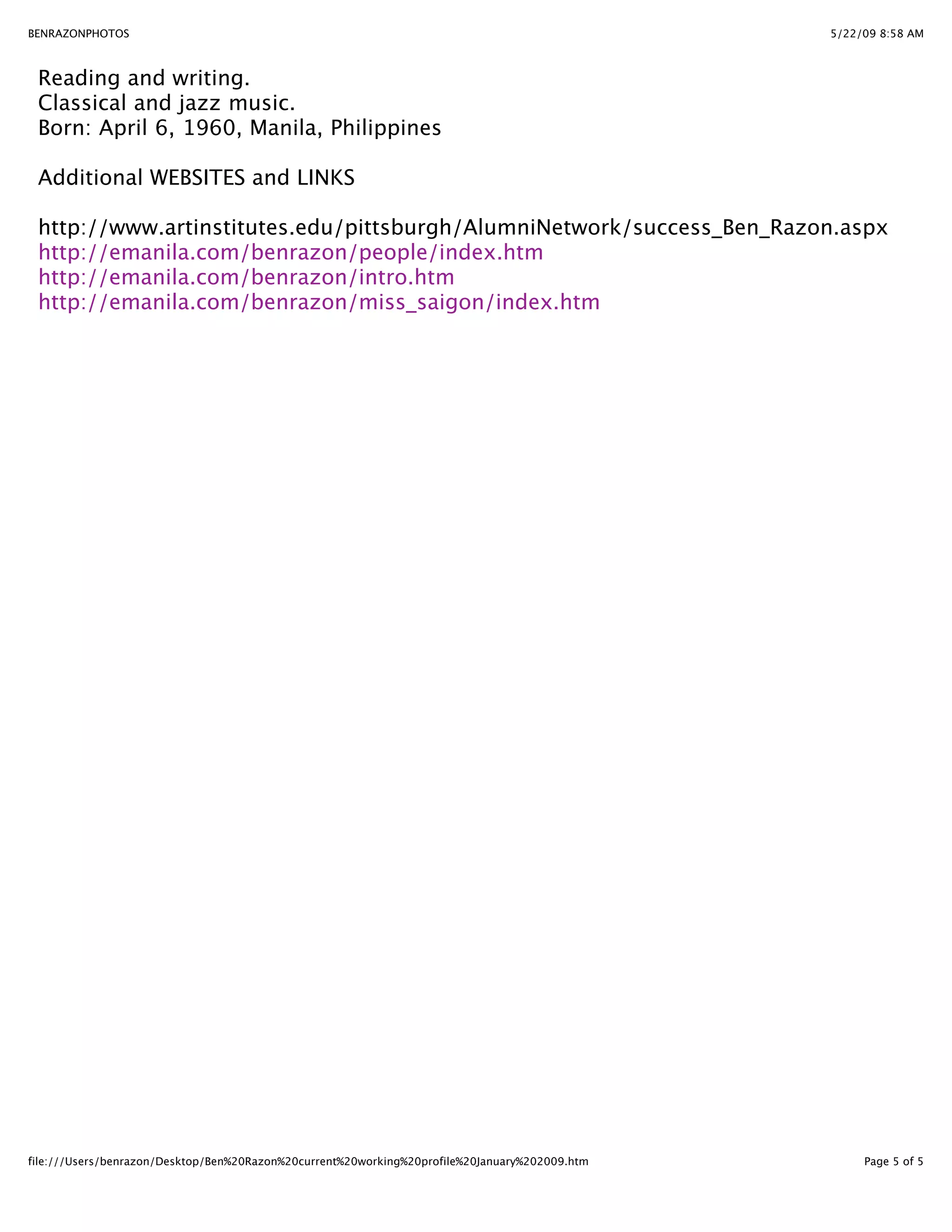 Ben Razon Current Working Profile January 2009 | PDF