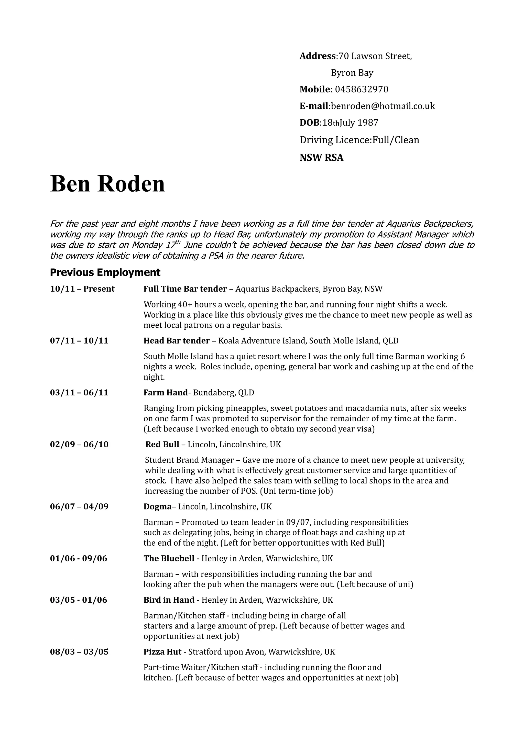 Ben roden cv | DOCX