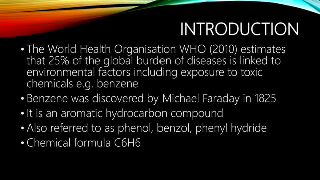 Benzene ppt | PPTX | Lung and Respiratory Health | Diseases and Conditions