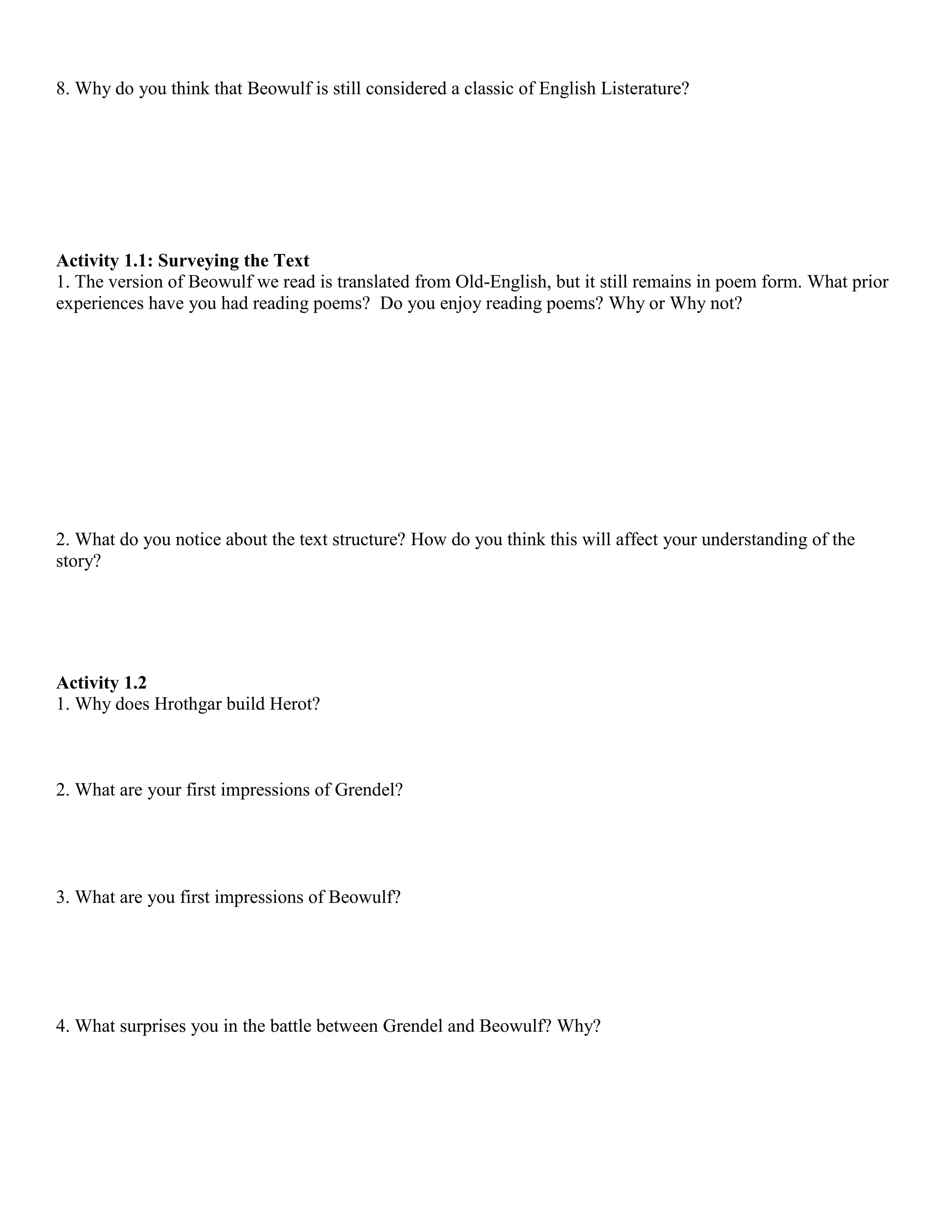 Beowulf activities (edtech demo week 1) | PDF