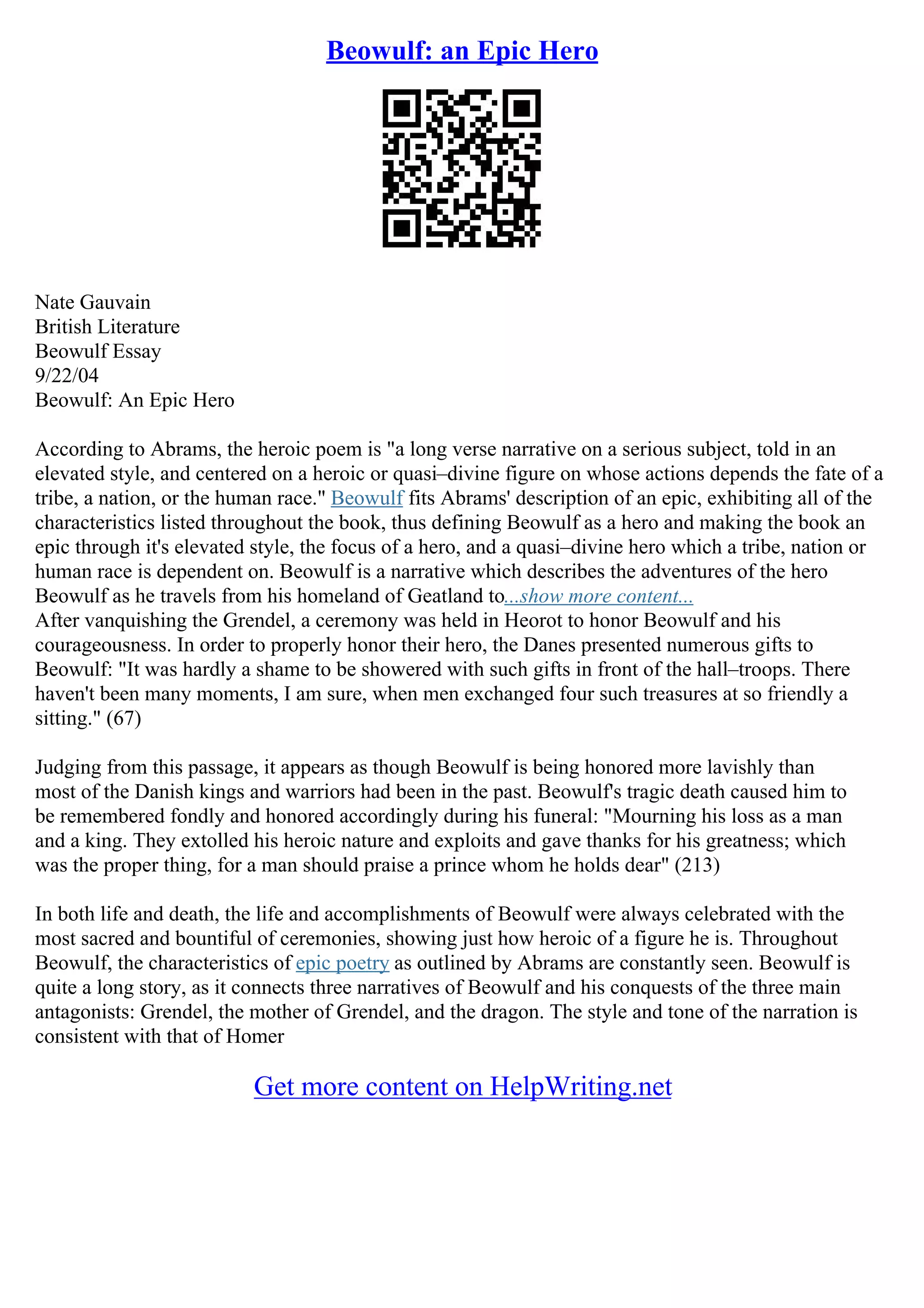 Beowulf Essay Epic Hero | PDF