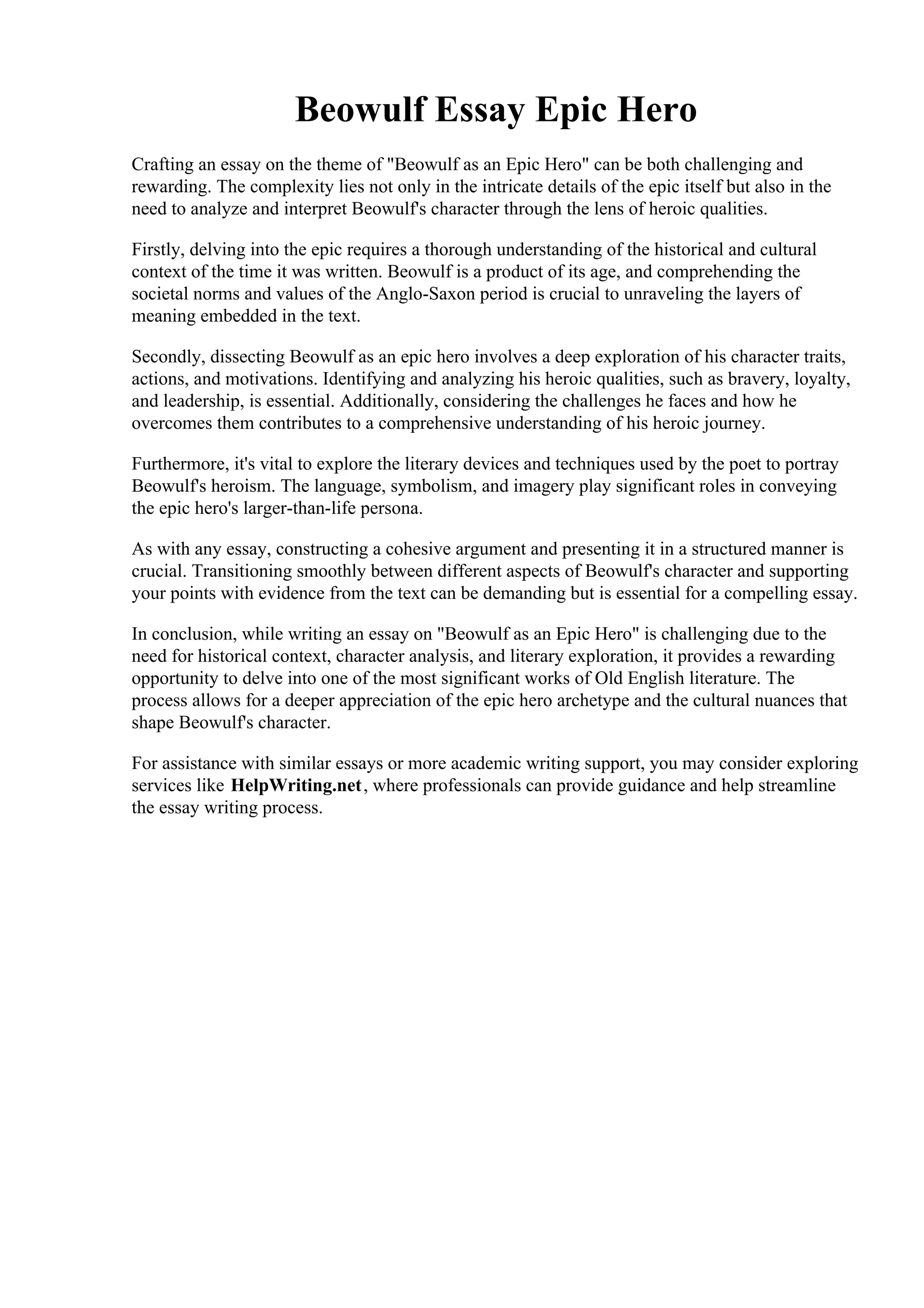 Beowulf Essay Epic Hero. Beowulf epic hero essay. Free Beowulf Epic ...