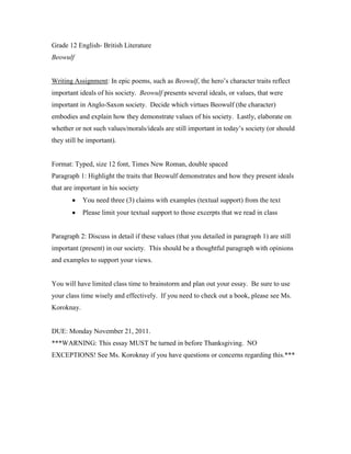 Beowulf ideals essay assignment sheet | PDF