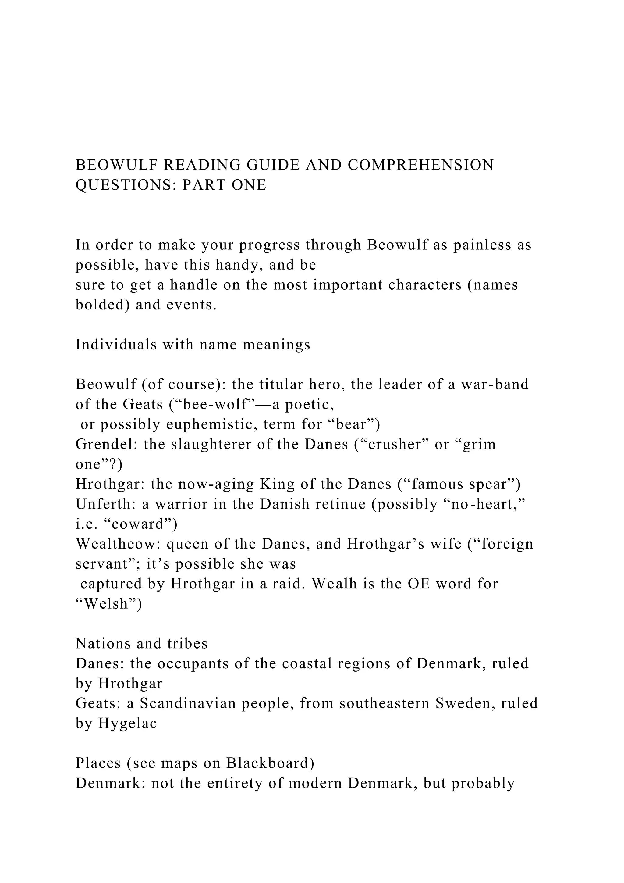 BEOWULF READING GUIDE AND COMPREHENSION QUESTIONS PART ONE .docx | Dogs ...