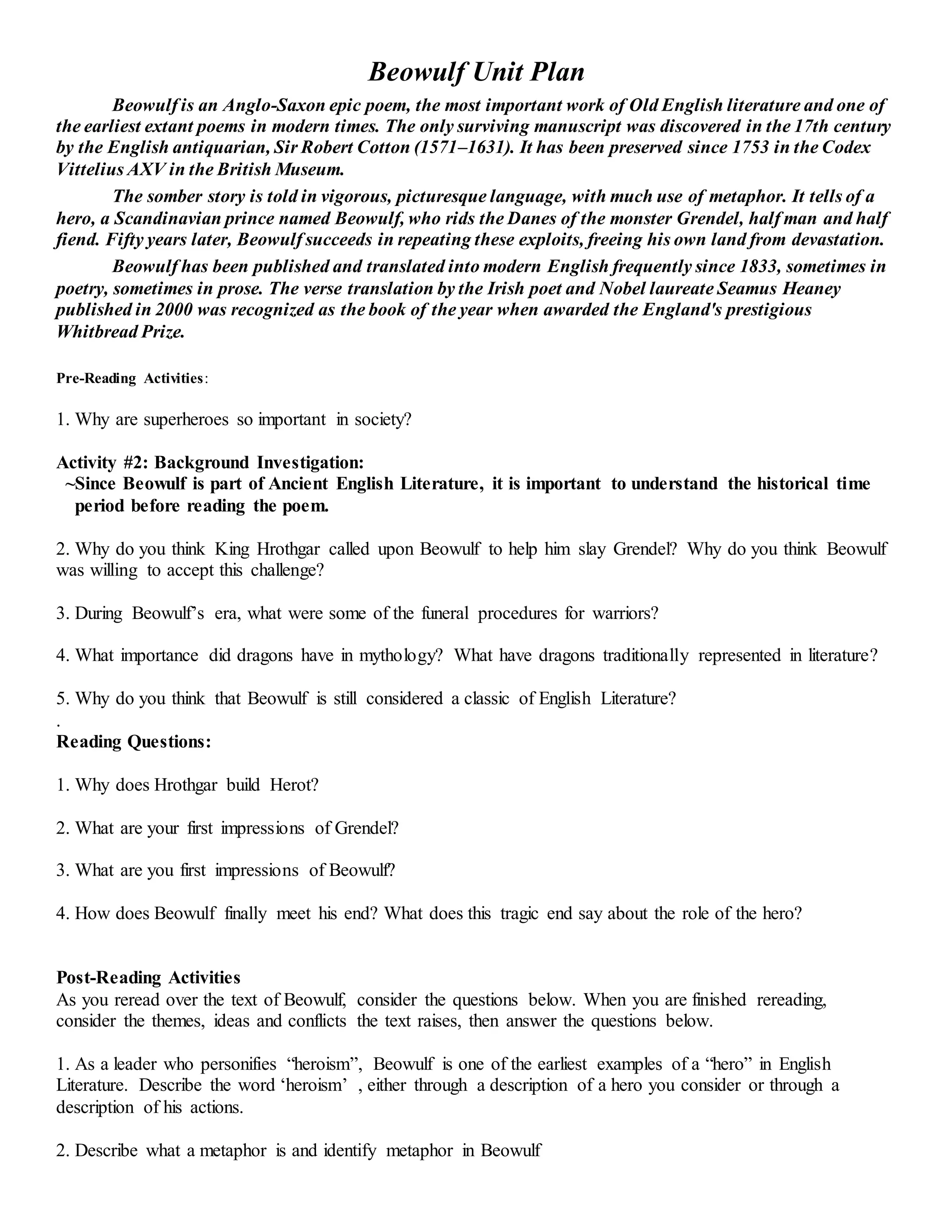 Beowulf unit plan | DOCX