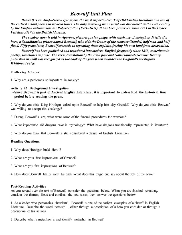 Beowulf unit plan | DOCX