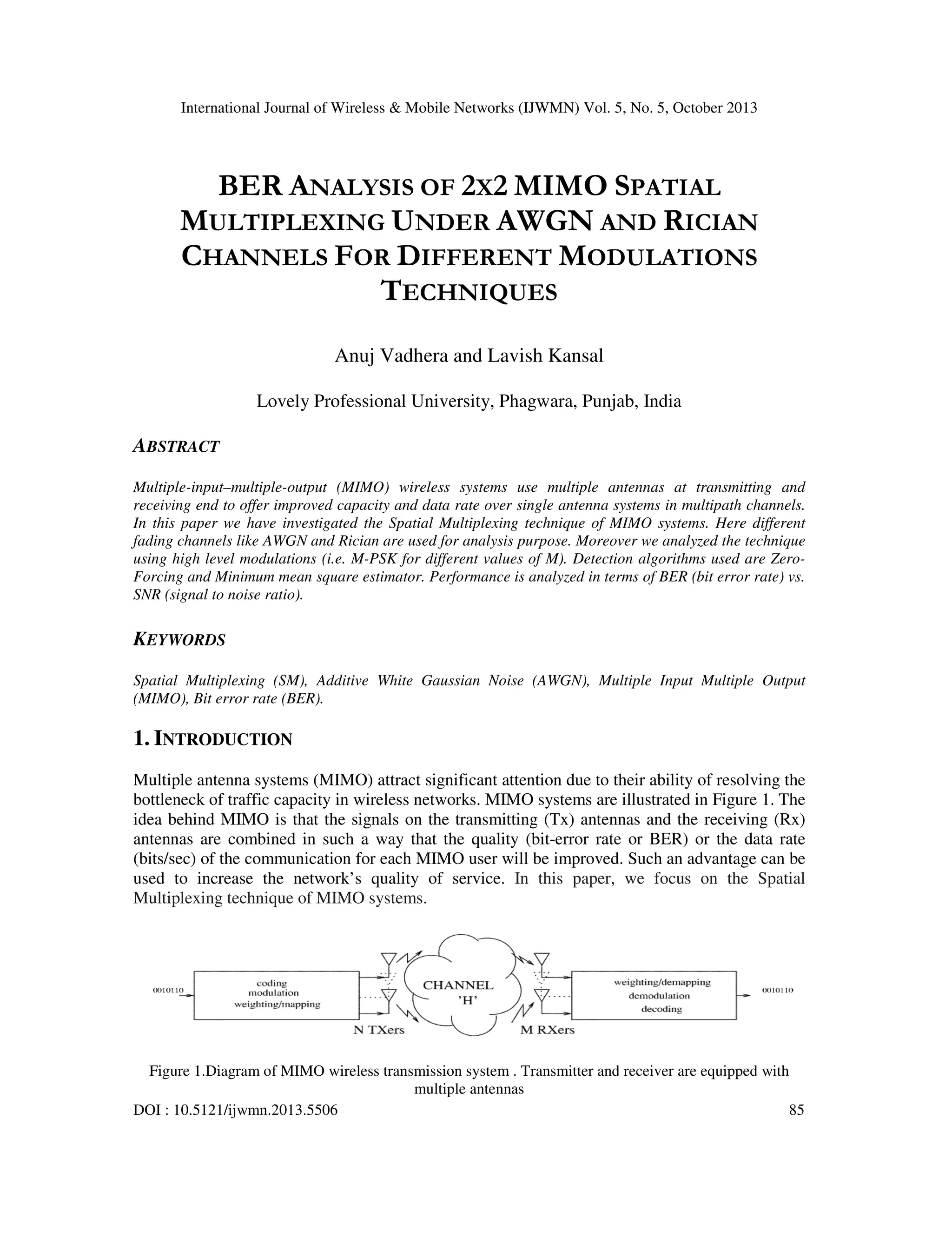 Ber analysis of 2x2 mimo spatial multiplexing under awgn and rician channels for different ...