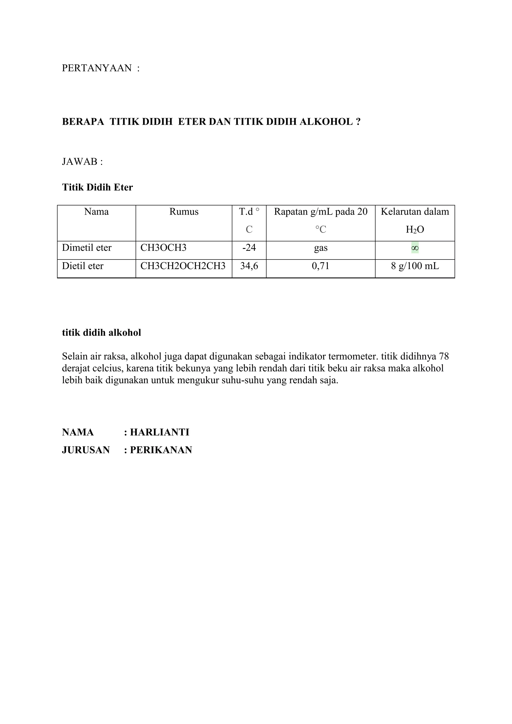 Berapa titik didih eter dan titik didih alkohol | DOCX