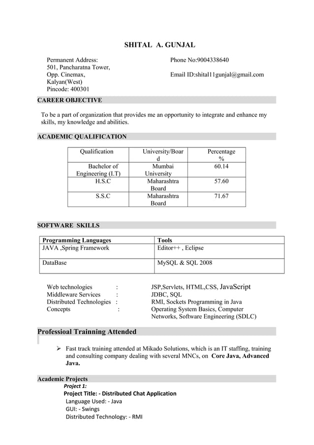 Resume(Java Developer Trainee/B.E 2015 ) | PDF