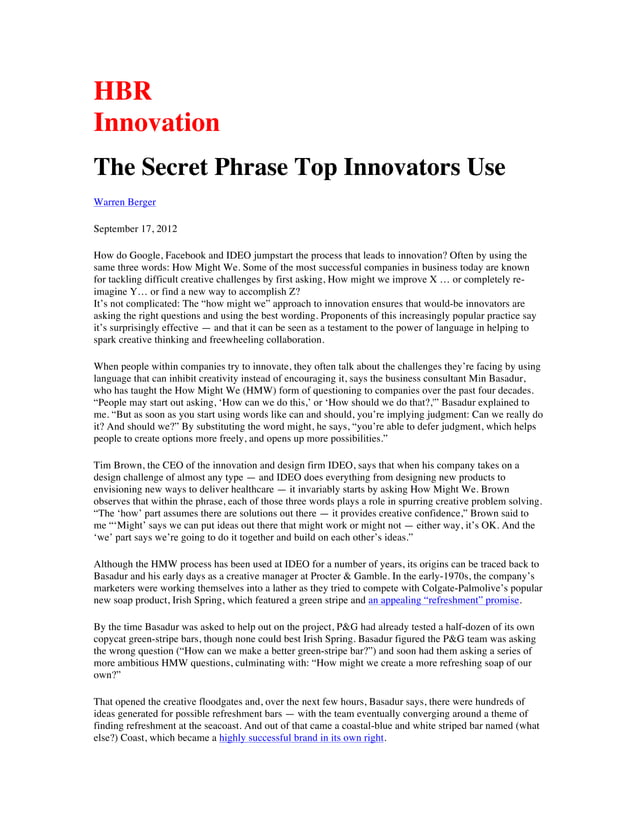 Berger 2012 The secret phrase top innovators use HBR | PDF | Business ...