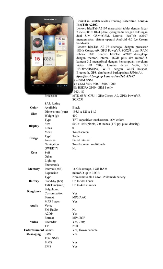 Berikut ini adalah sekilas tentang kelebihan lenovo idea tab a2107 | DOC