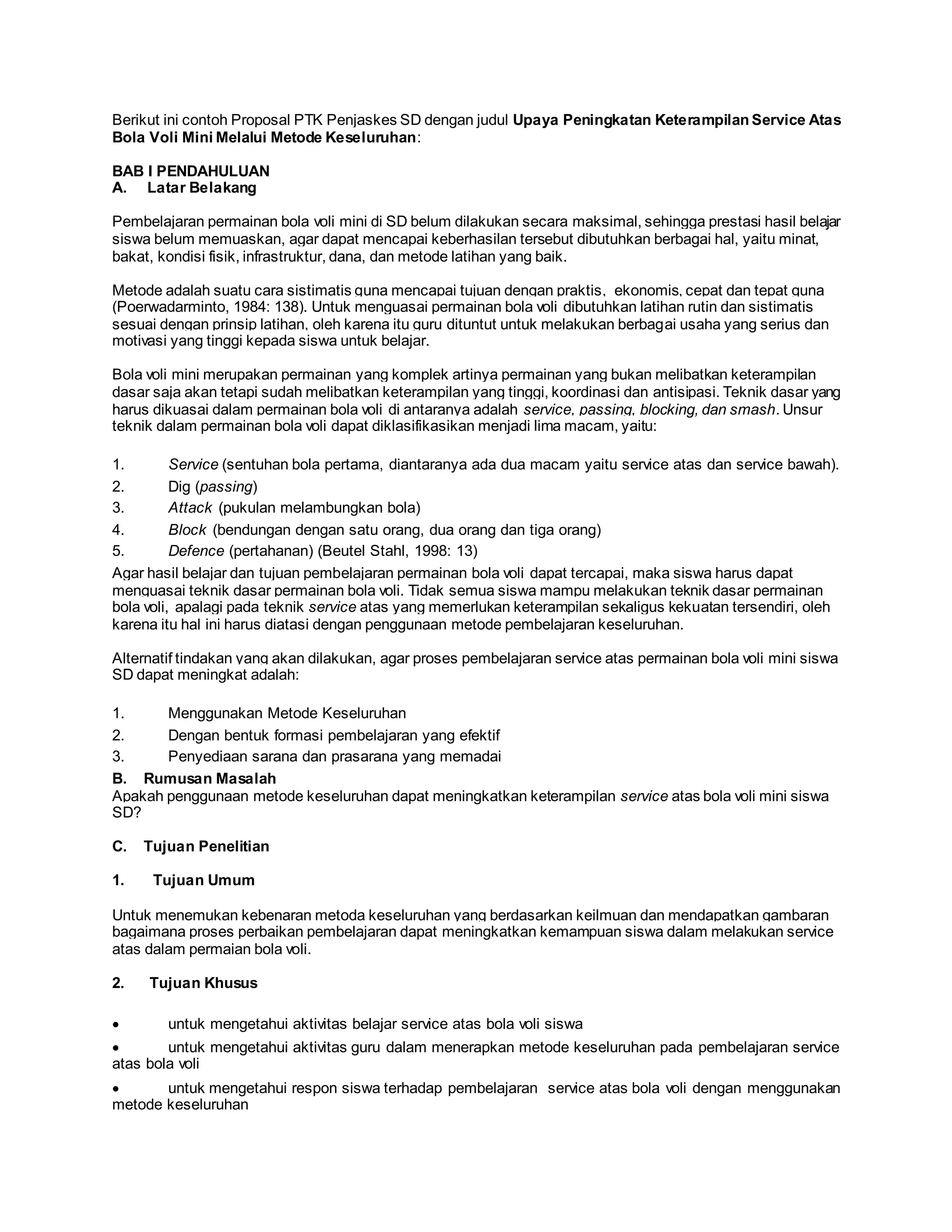 Berikut ini contoh proposal ptk penjaskes sd | DOCX