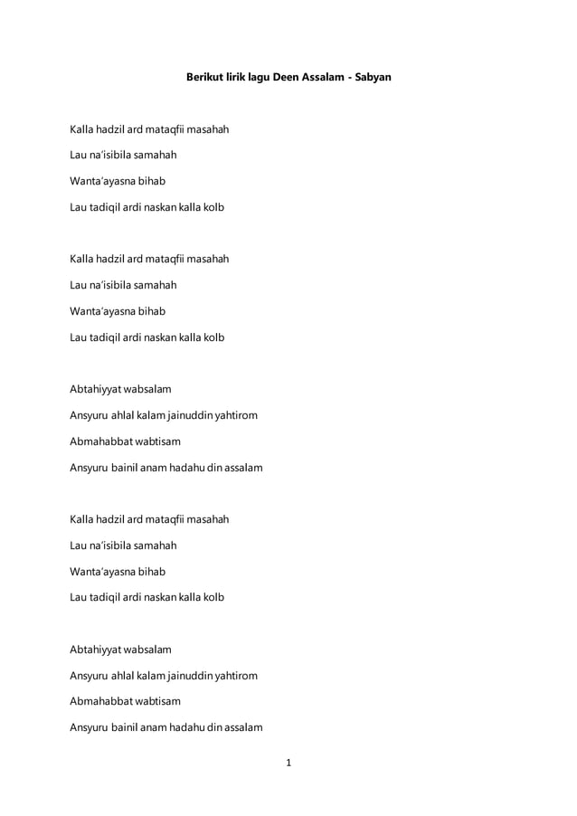 Berikut lirik lagu deen assalam | DOCX