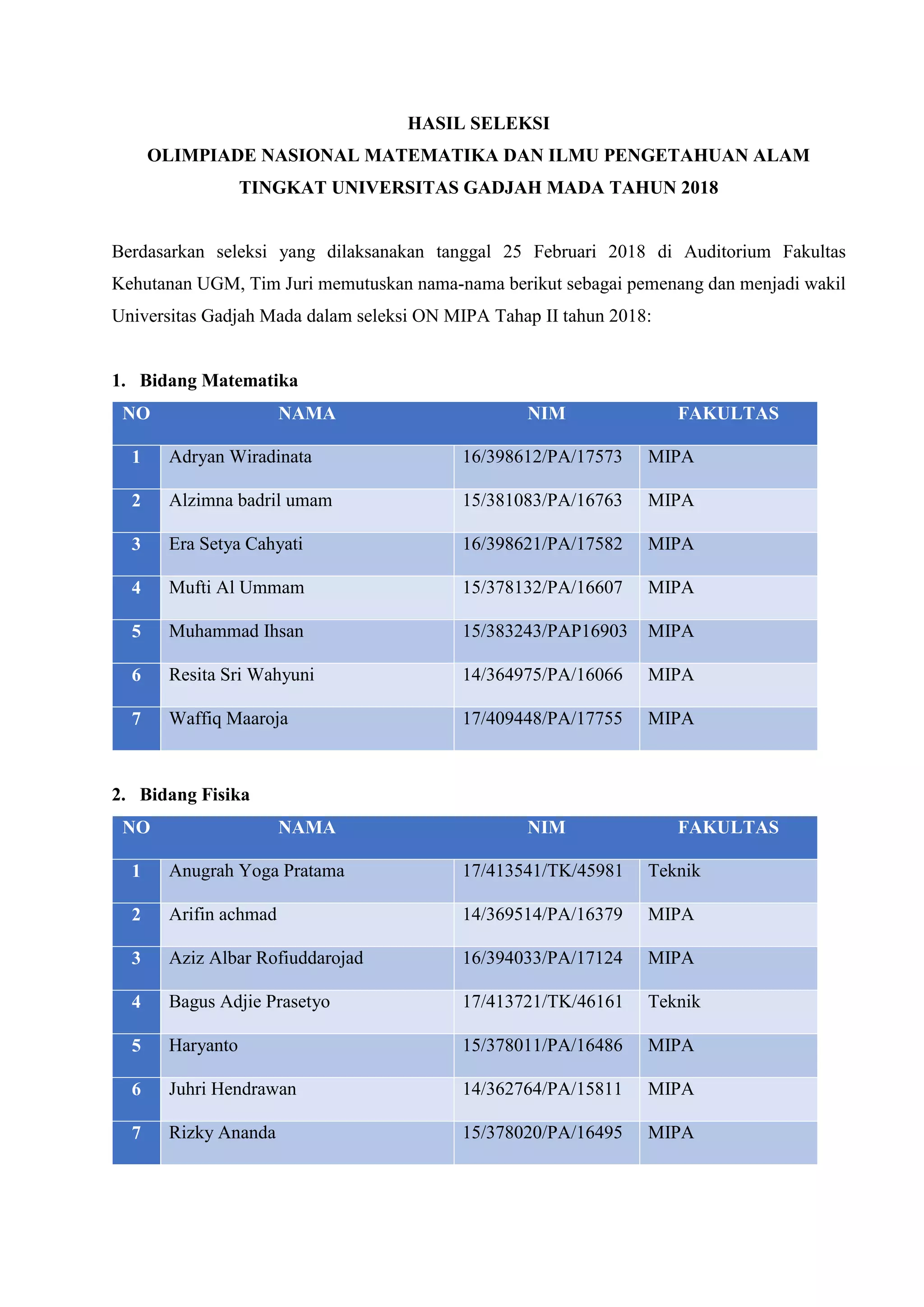 Berita acara penetapan hasil seleksi non pembobotan matematika | PDF