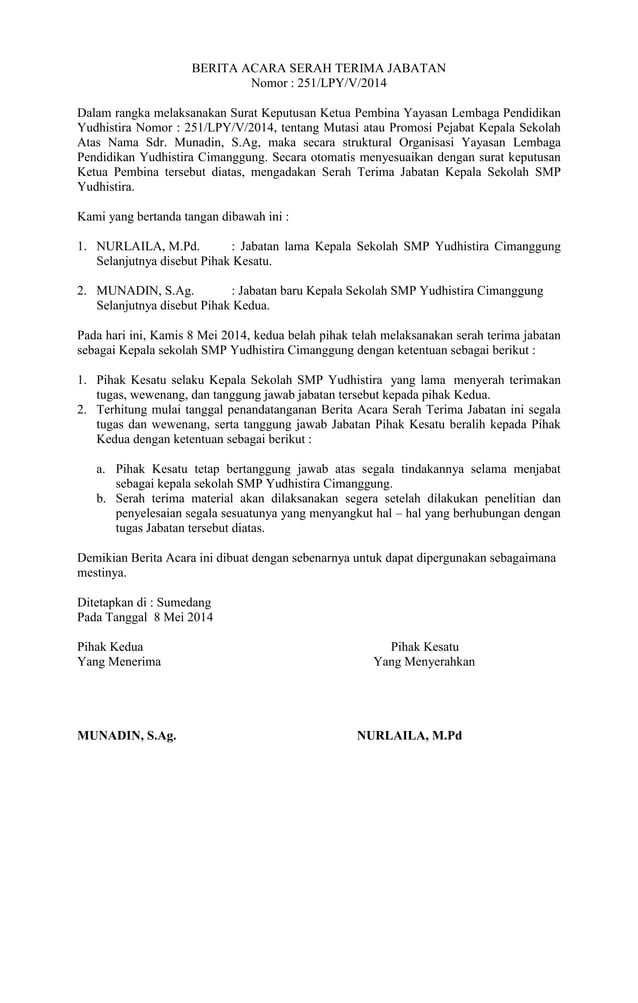 Berita acara serah terima jabatan kepsek | DOCX