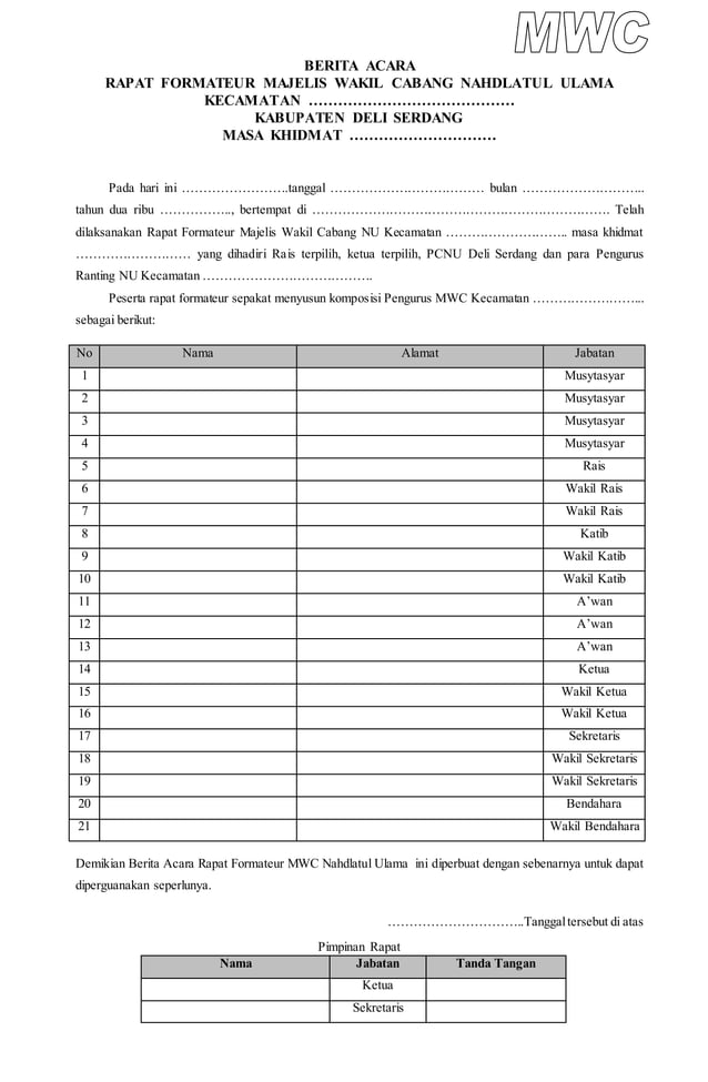Berita acara sidang formatur mwc | DOCX