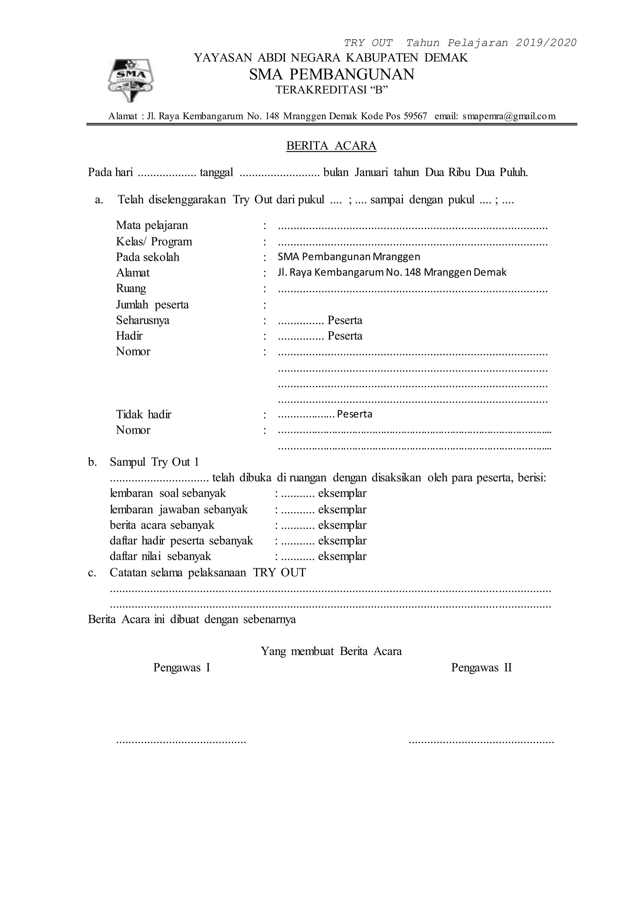 Berita acara try out | DOCX