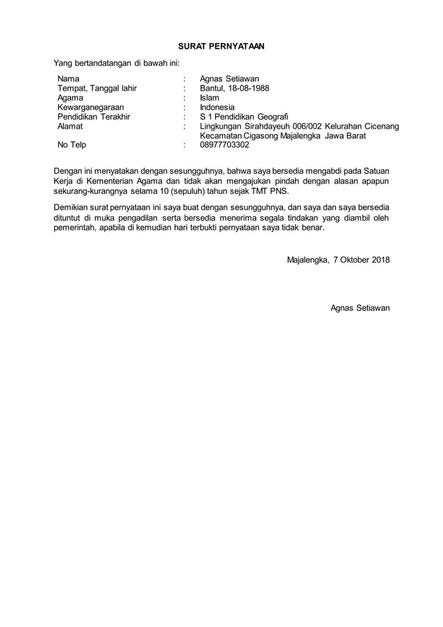 Contoh Surat Lamaran, dan Pernyataan CPNS Kemenag | PDF