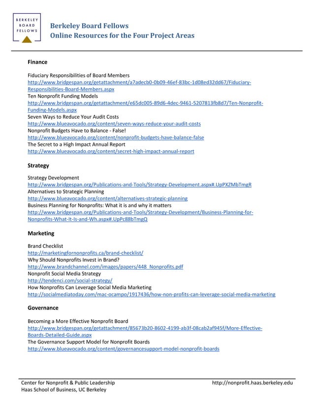 Berkeley Board Fellows: Board Governance Resources by Topic Area | PDF