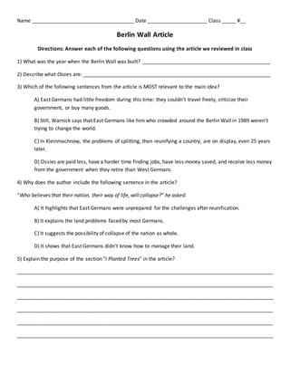 Berlin Wall Article Questions | DOCX