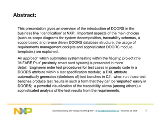 Dr. Bernd GRAHLMANN and NXP automating testing with Telelogic DOORS ...