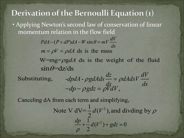 Bernoulli Equation, Acceleration of a Fluid Particle, Derivation of the ...