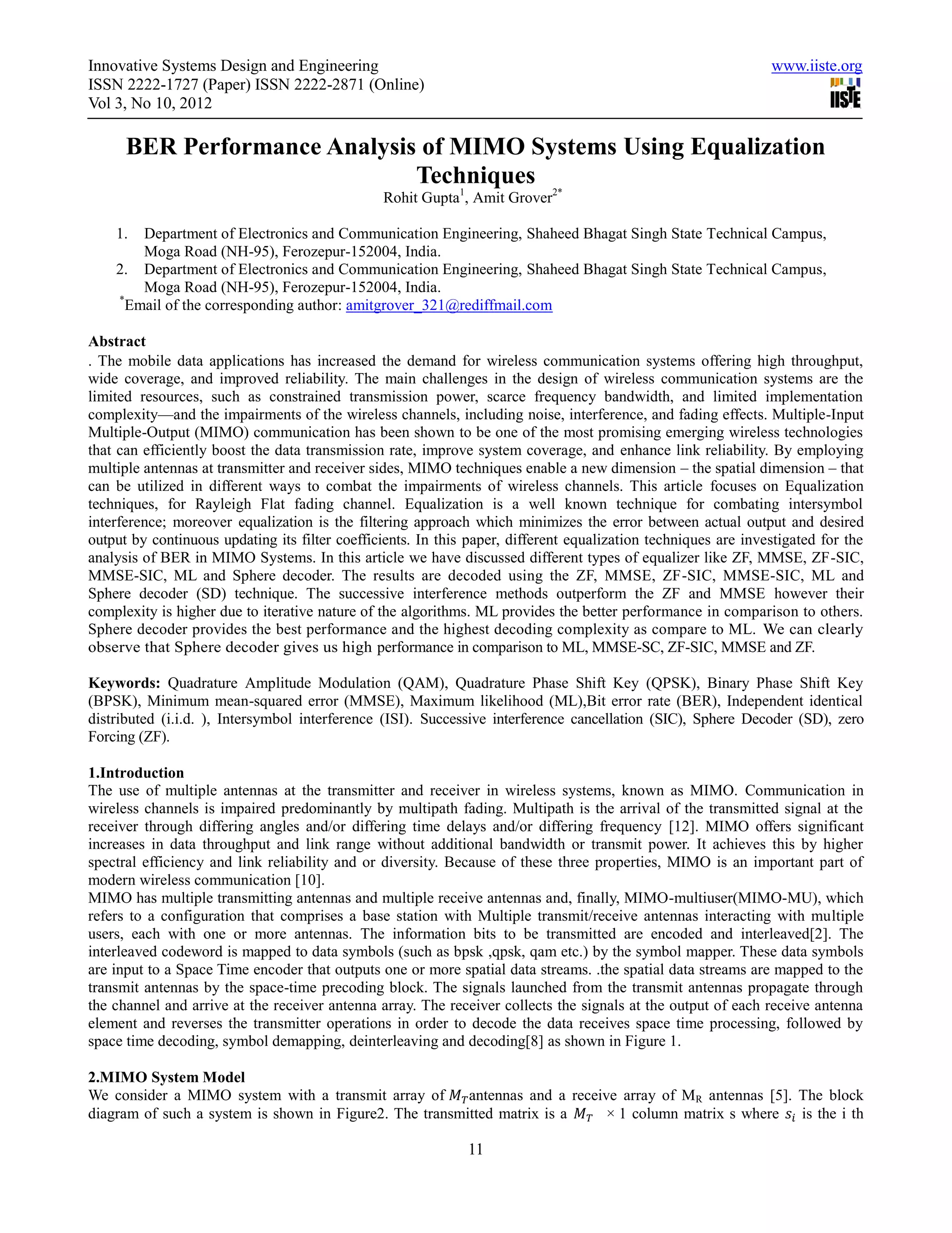 Ber Performance Analysis Of Mimo Systems Using Equalization Pdf