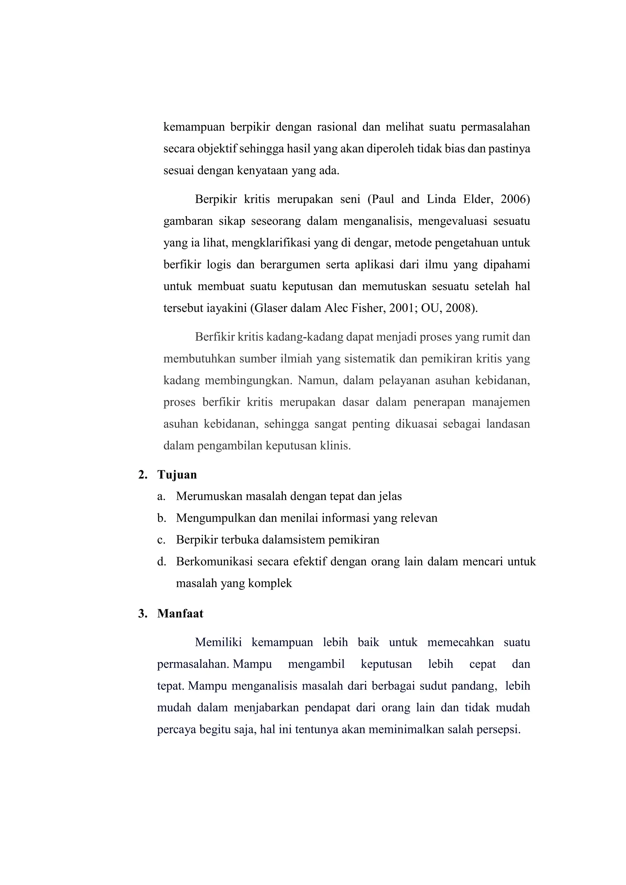 KONSEP DASAR BERFIKIR KRITIS DAN MASALAH DALAM KEBIDANAN | DOCX