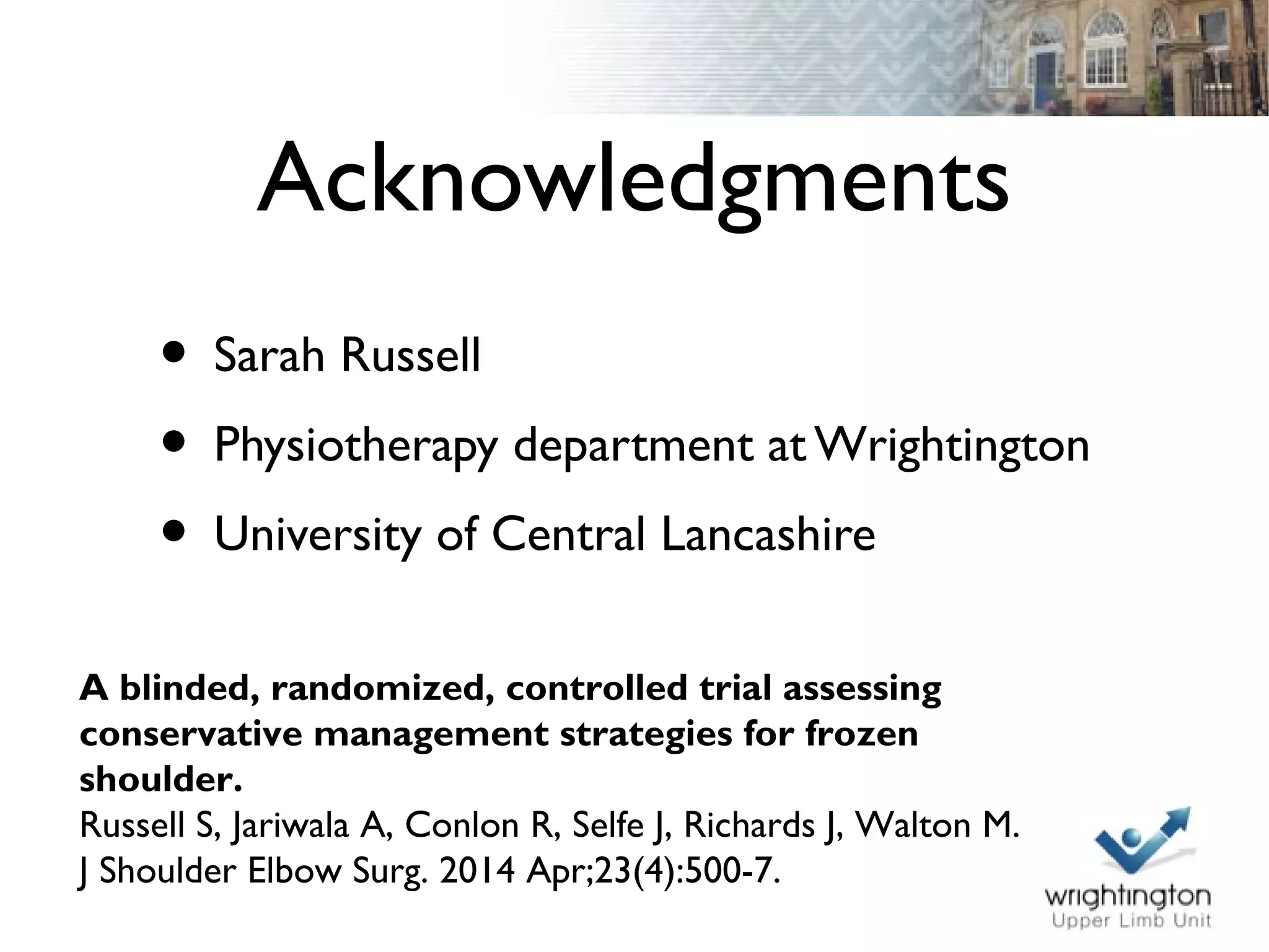 Physiotherapy in the Management of Frozen Shoulder | PPT