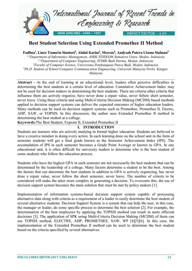 Best Student Selection Using Extended Promethee II Method | PDF | College Planning | College ...