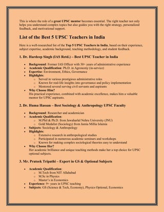 List of the Best 5 UPSC Teachers in India | PDF