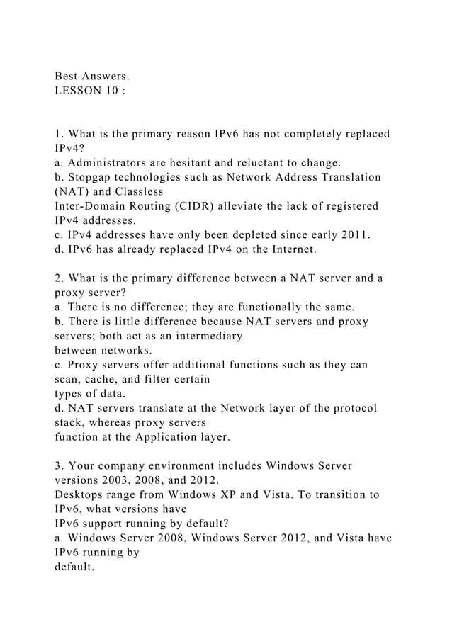 Best Answers Lesson 10 1 What Is The Primary Reason Ipv6 H Docx