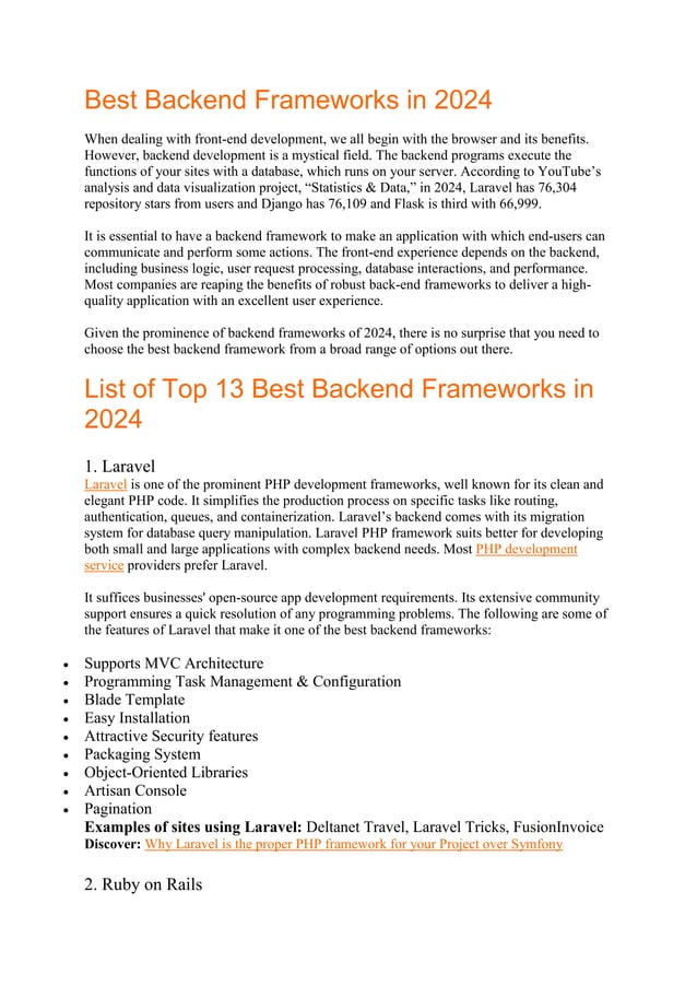 Top 13 Backend Frameworks for Web development in 2024 | DOCX