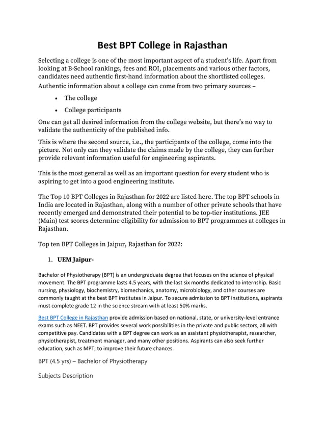 Best BPT College in Rajasthan | PDF