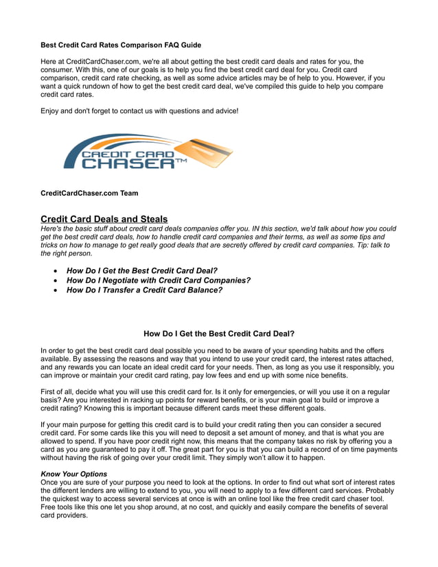 Best Credit Card Rates Comparison Faq Guide | PDF | Credit Cards ...