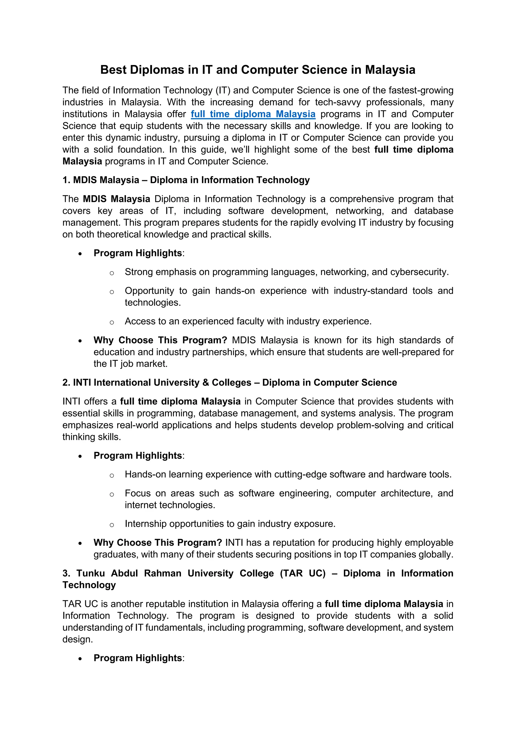 Best Diplomas in IT and Computer Science in Malaysia.pdf | College ...