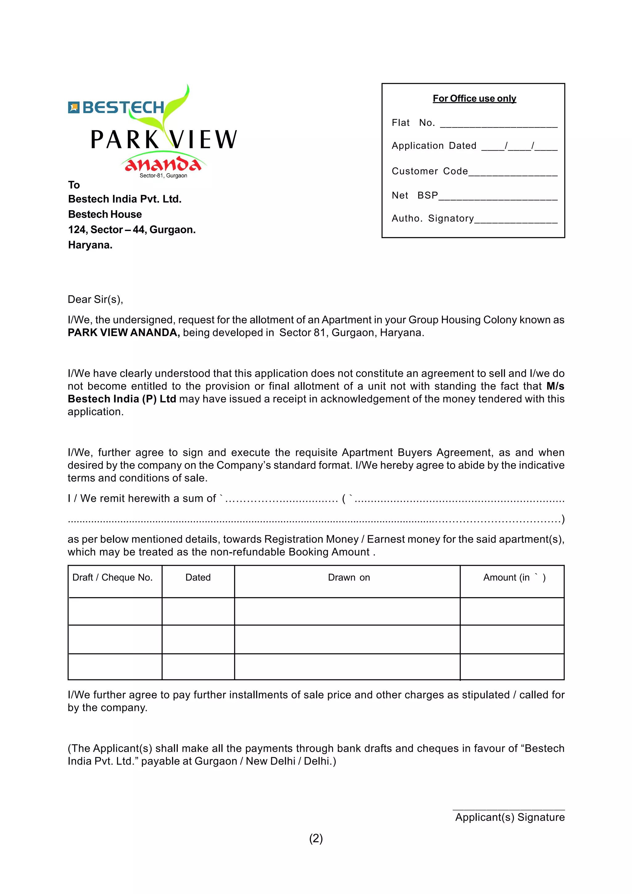 Bestech park view ananda application form | PDF