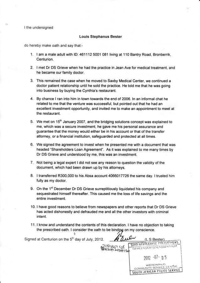 Mr Louis Bester of Centurion Hydraulics RIP affidavit ref Dr DS Grieve ...