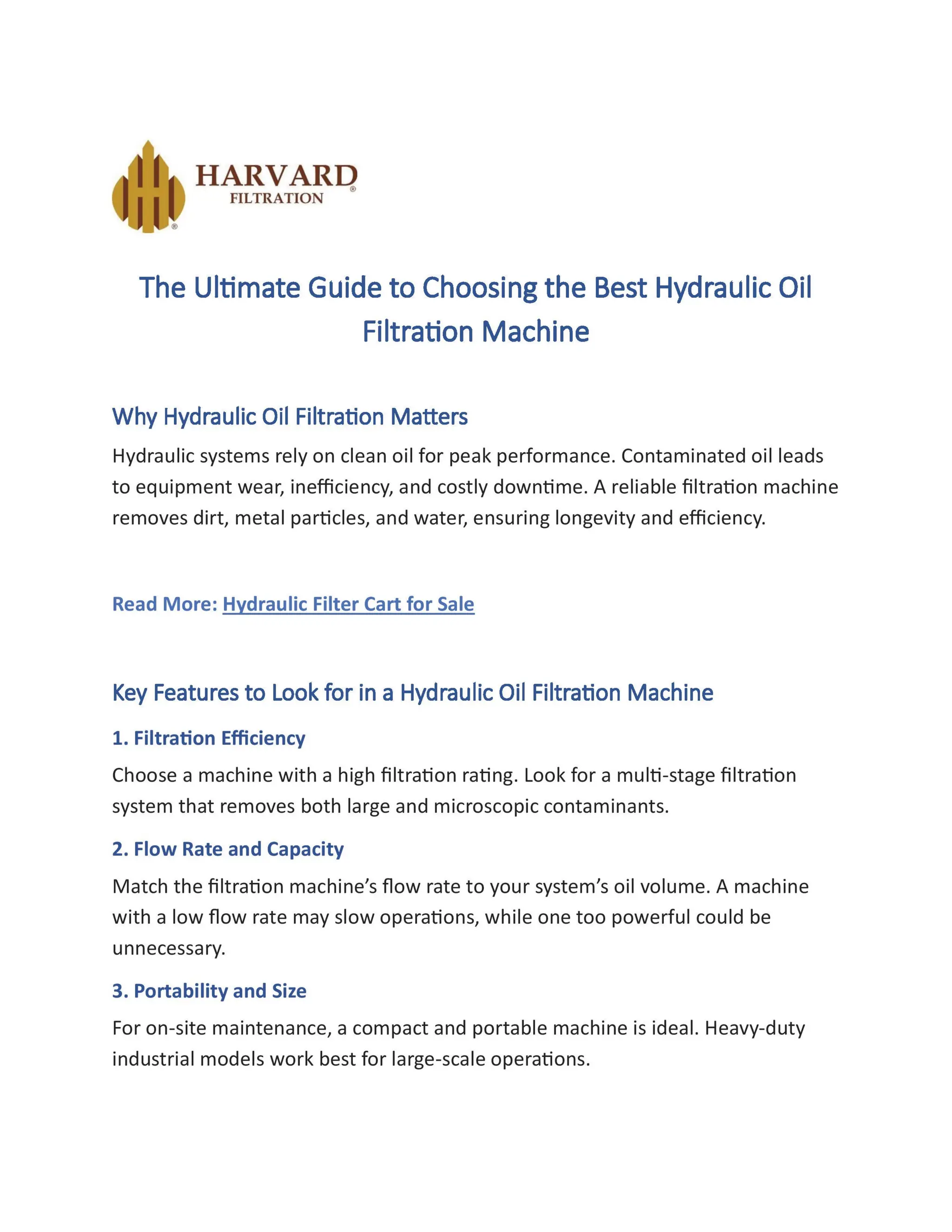 Best Hydraulic Oil Filtration Machine | Harvard Filtration | PDF