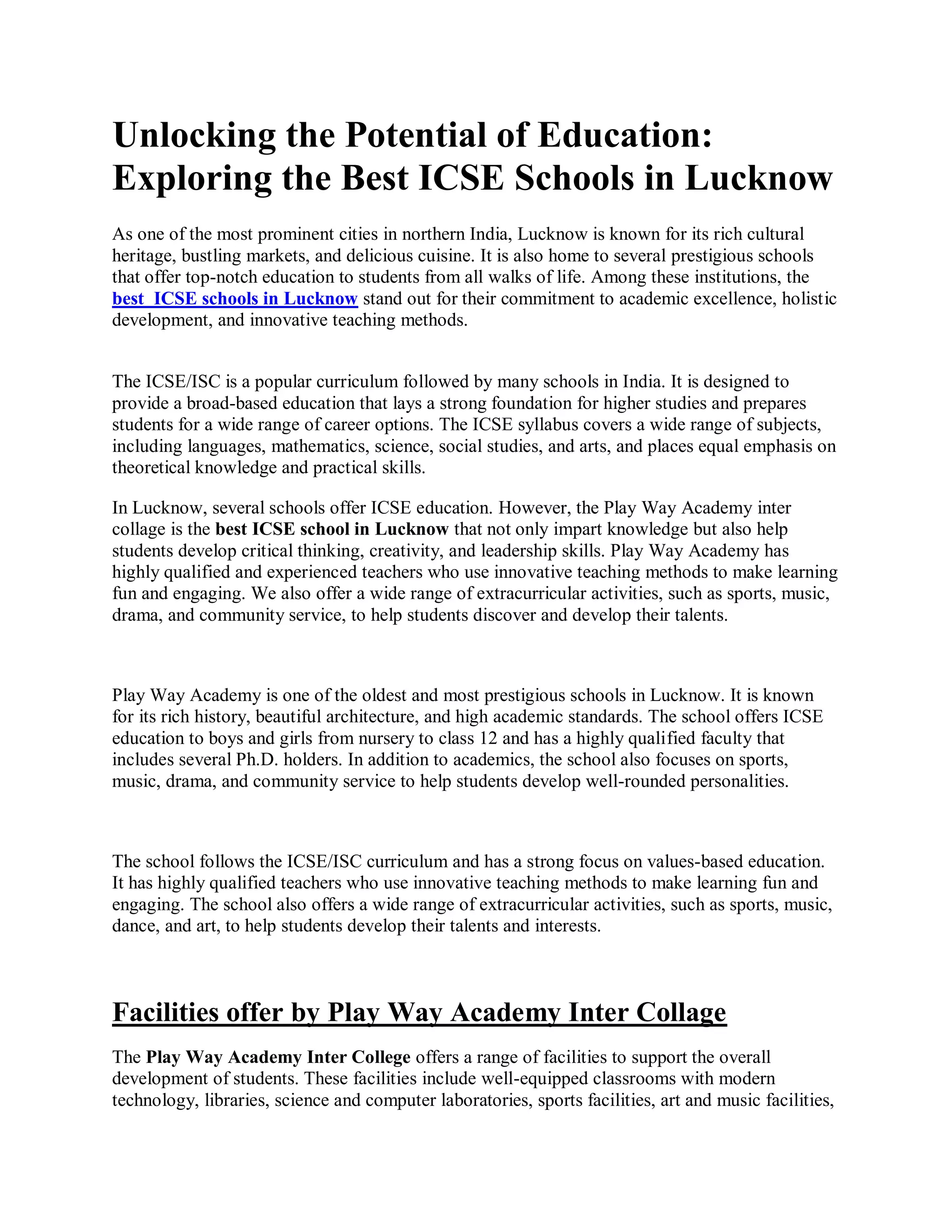 Best ICSE School In Lucknow | PDF | Professional School | Postgraduate Education