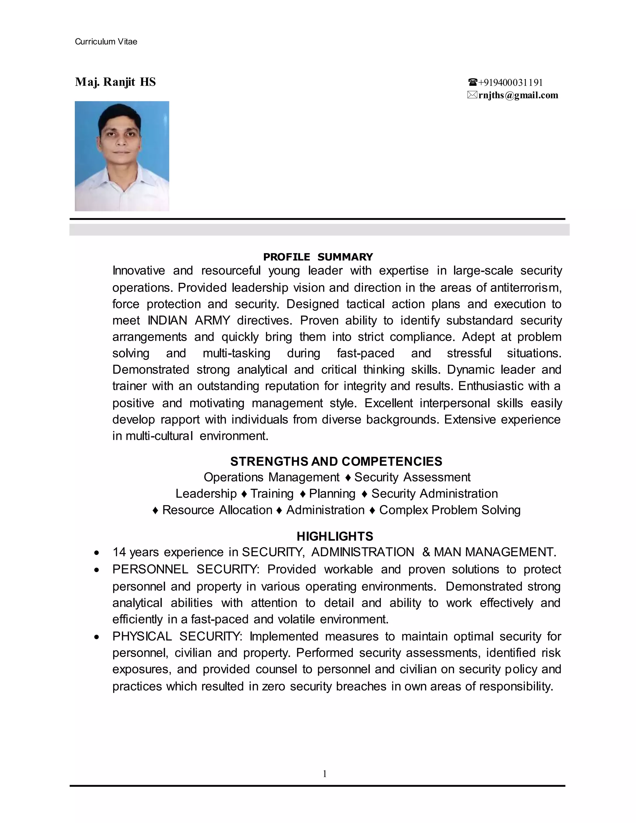 CV of Major Ranjit HS | DOCX