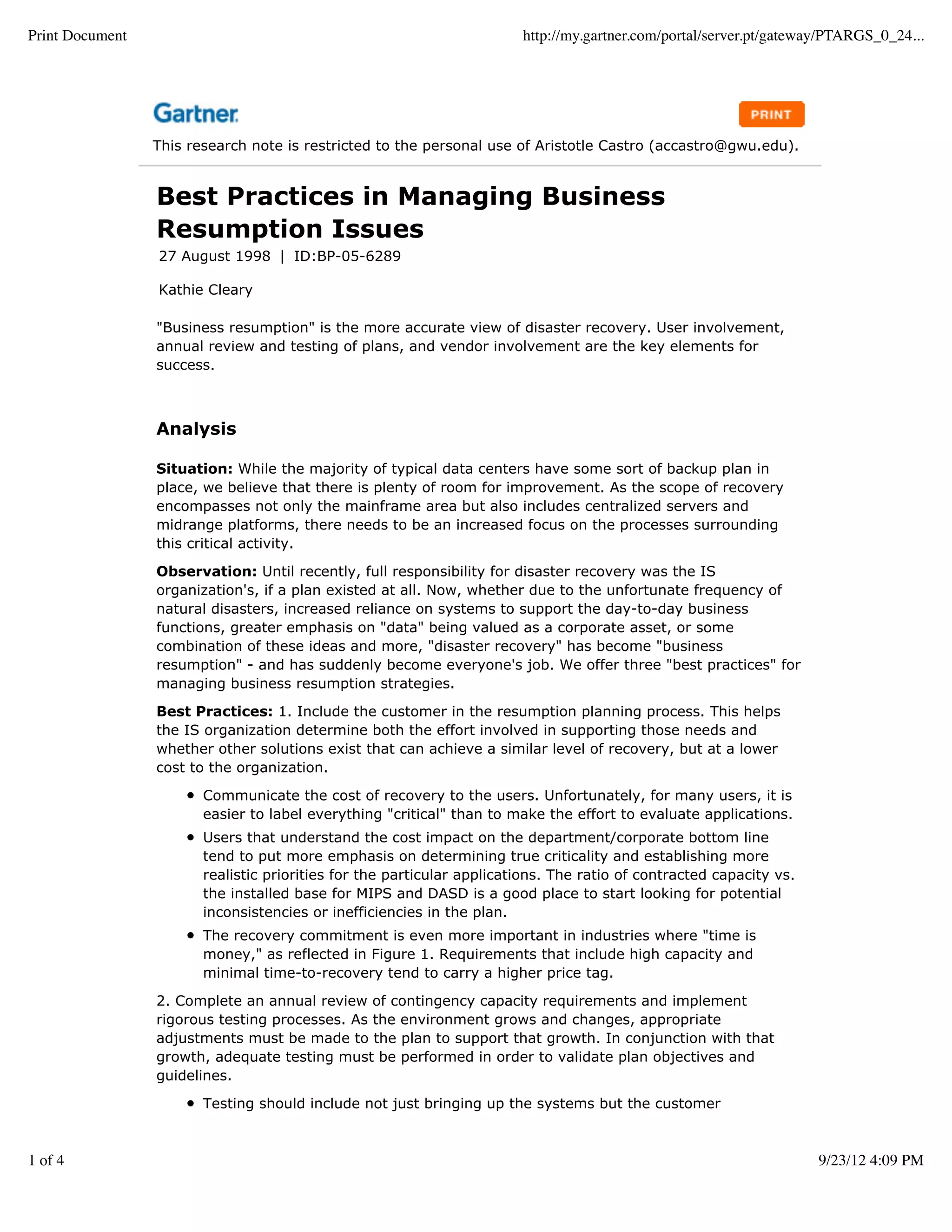 Best practices in managing business resumption issues | PDF
