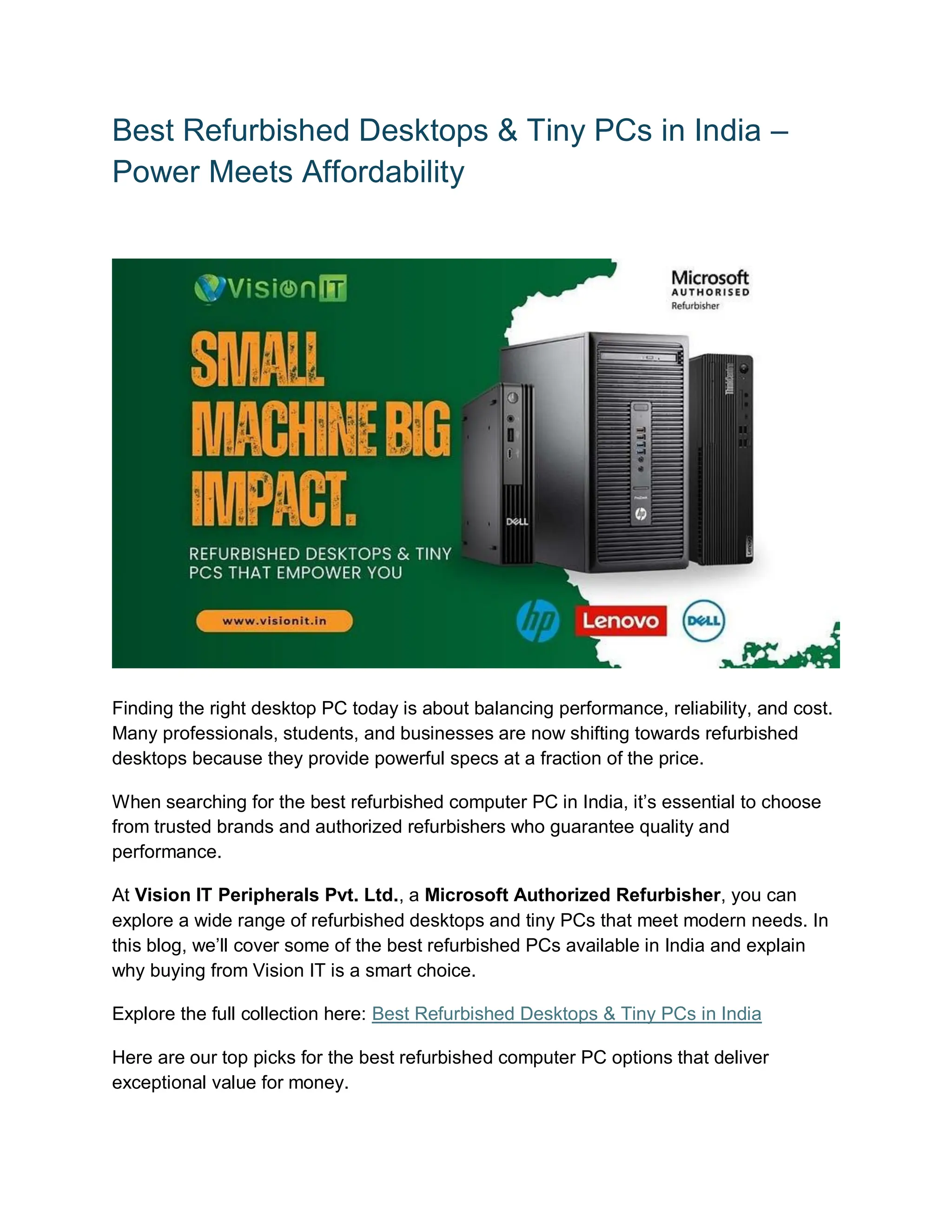 Best Refurbished Computer PCs in India - HP, Dell, Lenovo | Vision IT ...