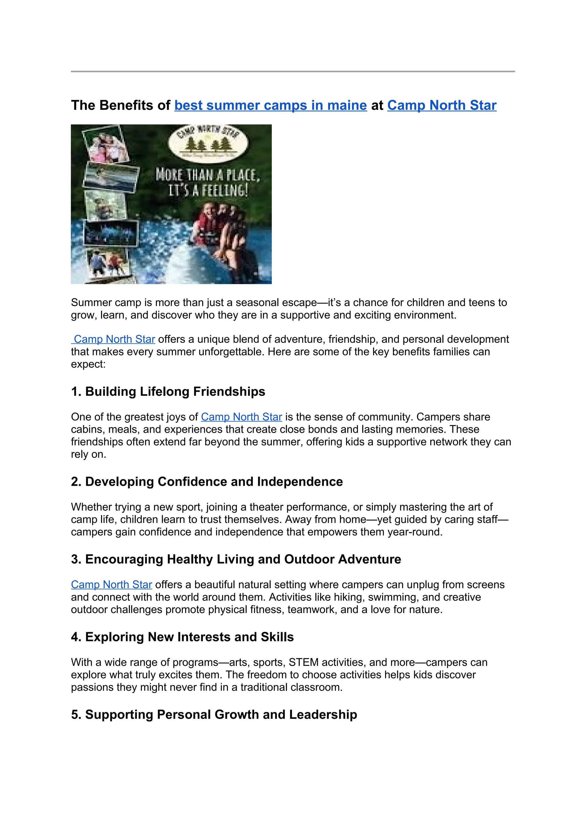 best summer camps in maine (1).docxThe Benefits of best summer camps in maine at Camp North Star ...