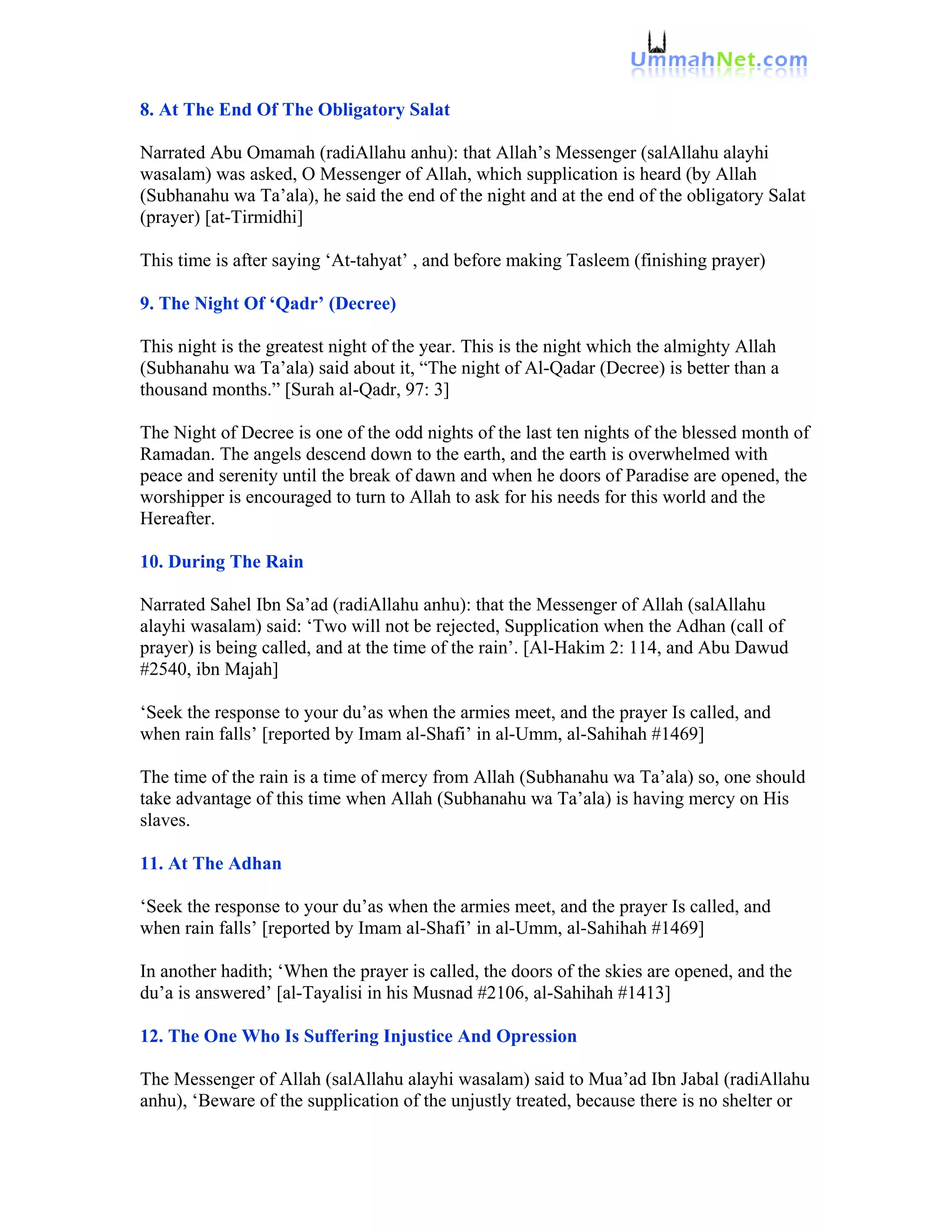 Best times to make Dua | PDF