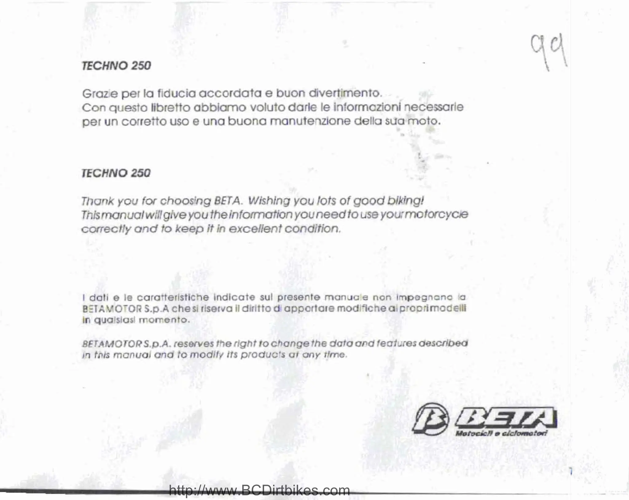 Beta__BETA Techno 250 - 1999 owners manual.pdf | Off-Road Vehicles | Auto Body Styles