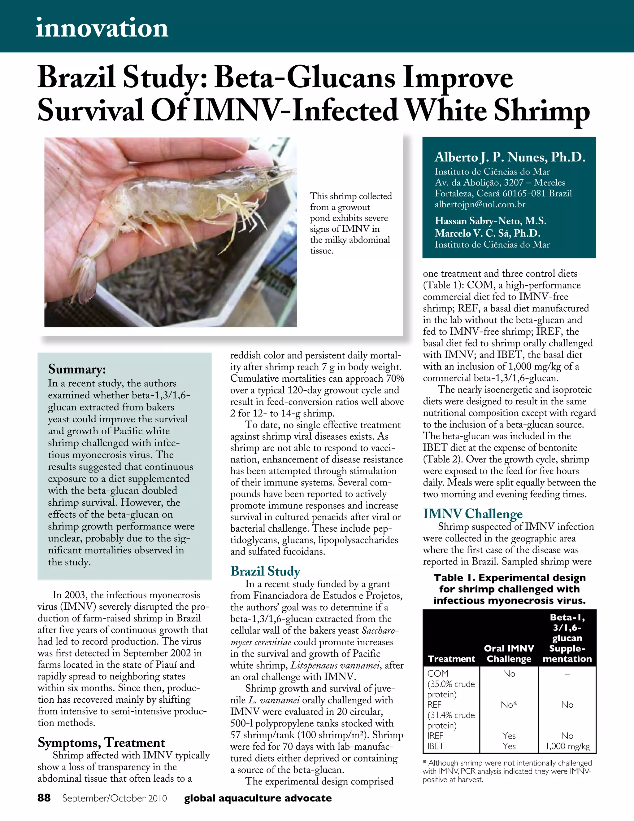 Beta-Glucans Improve Survival Of IMNV-Infected White Shrimp | PDF
