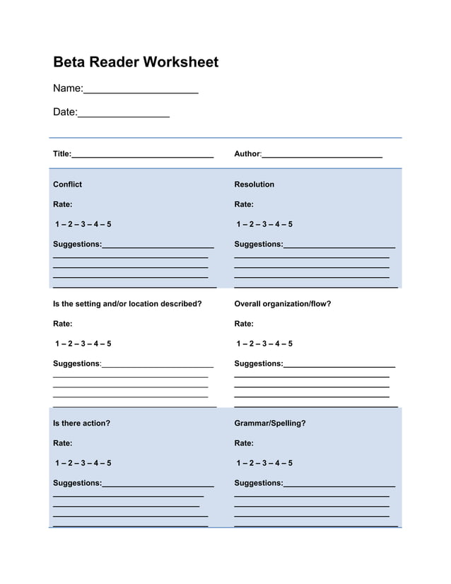 Beta reader worksheet | DOCX