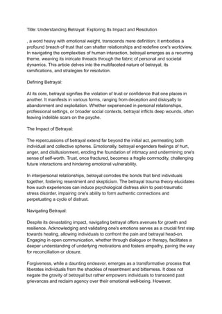 Understanding Betrayal: Exploring Its Impact and Resolution | PDF
