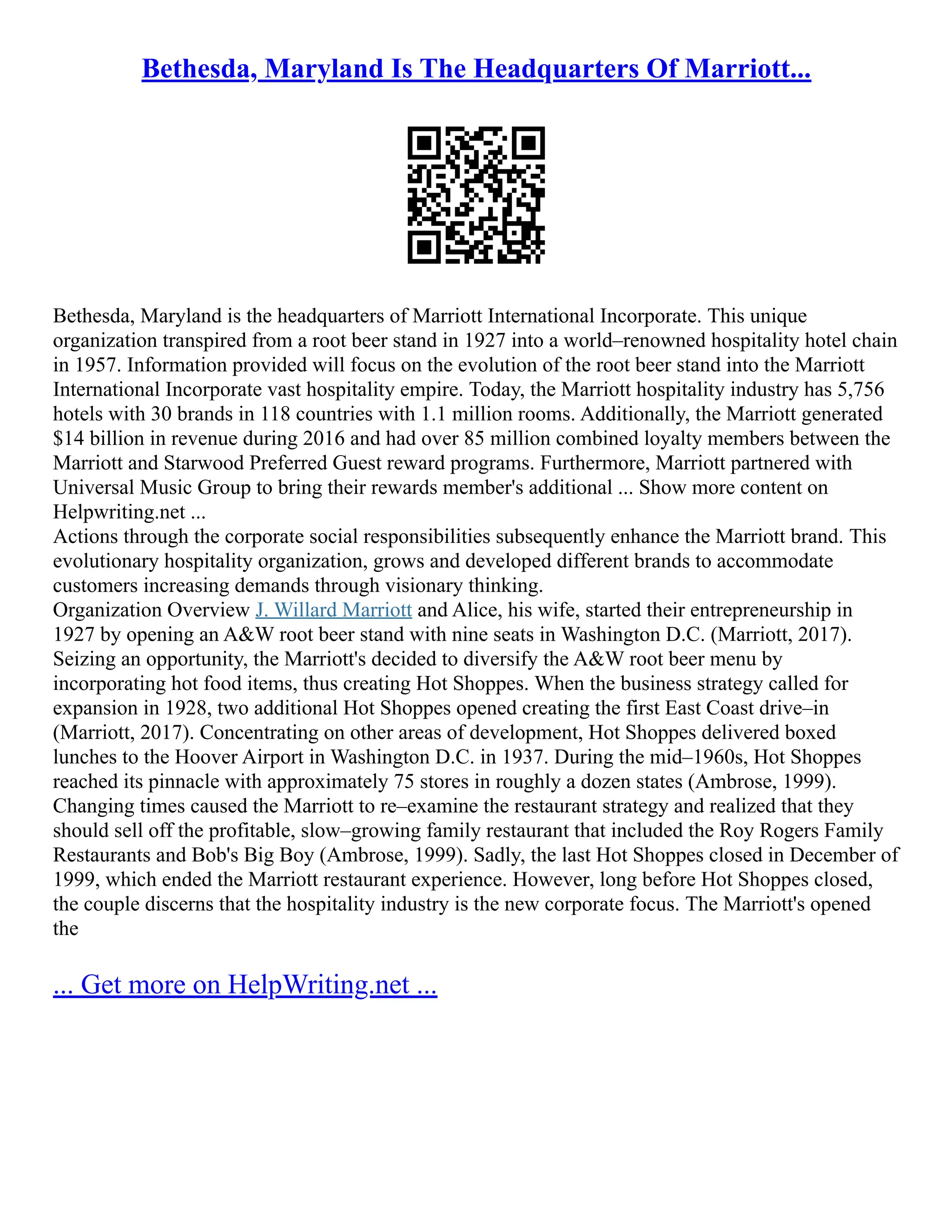 Bethesda, Maryland Is The Headquarters Of Marriott... | PDF